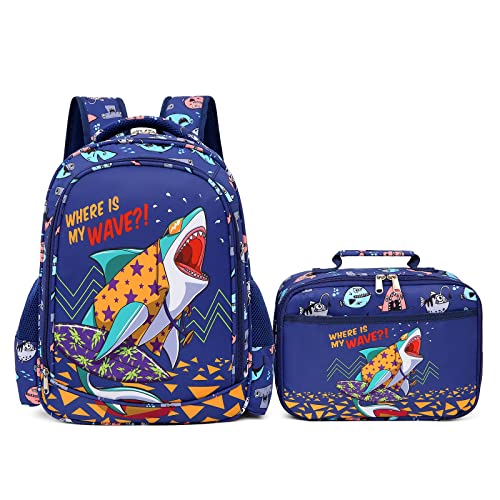 Backpack for Boys Dorlubel Lightweight Shark School Backpack with Insulated Lunch Tote Preschool Kindergarten Elementary Book Bag Set With Chest Strap(Shark Wave)