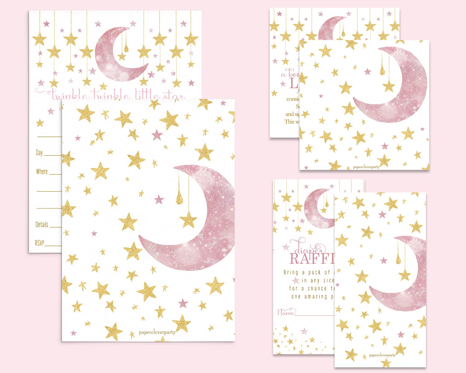 Twinkle Little Star Baby Shower Invitation Bundle Set Includes Blank Girls Invites with Envelopes Diaper Raffle Tickets Bring a Book Insert Cards (25 of Each) Celestial Themed Party Supplies