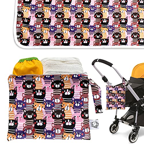 Flockthree Waterproof Baby Changing Pad with Storage Bag (43.3" X 28.7") Washable Wipeable Reusable Leak Proof Diaper Travel Mat Station Changing Mattress Liner Cribs Bed Cover, Bear Bear