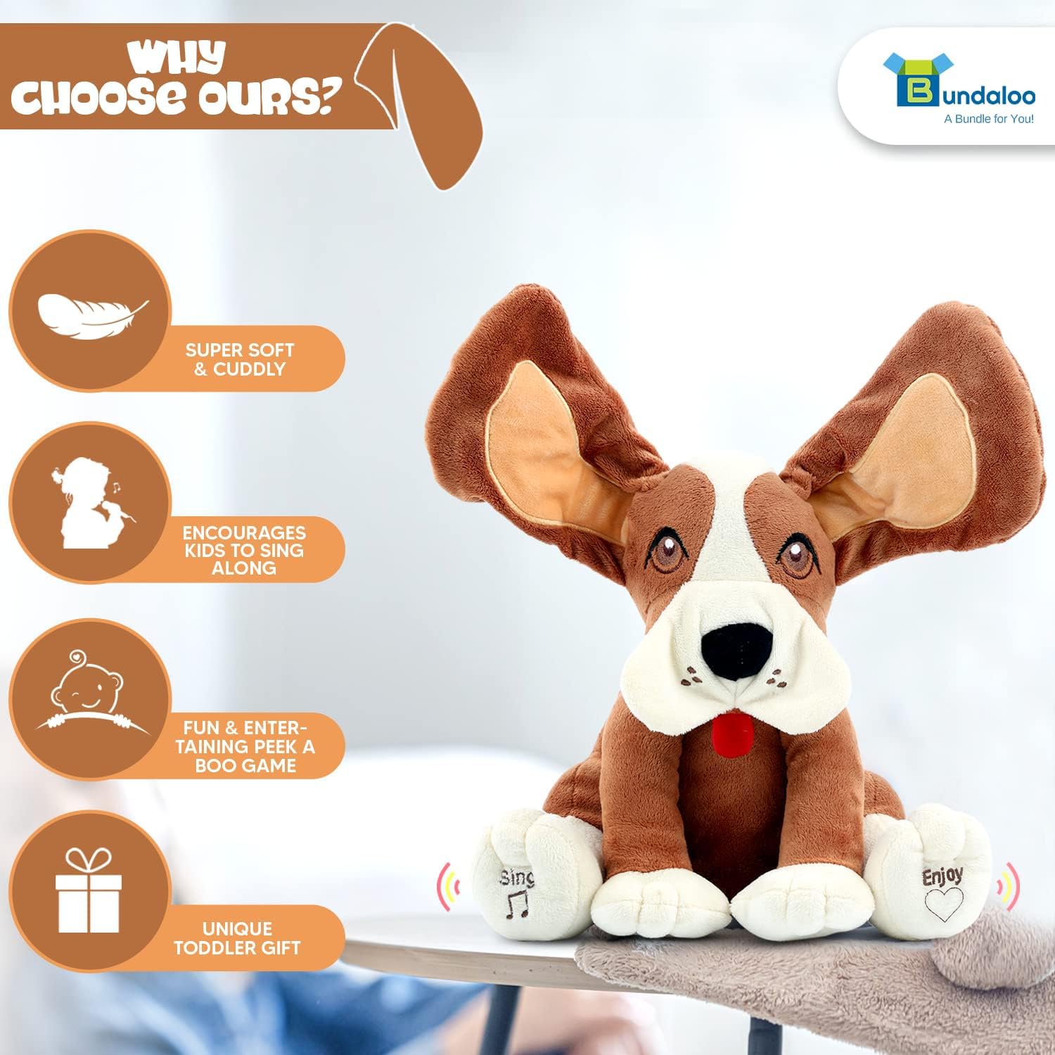 Bundaloo Animated Plush Peek A Boo Singing Dog with Floppy Ears | Plays Peek-A-Boo with Ears & Sings Do Your Ears Hang Low