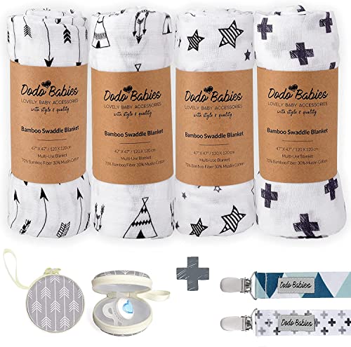 Dodo Babies Swaddle Blanket & Pacifier Clip Set – Four Large Cotton Muslin Receiving Blankets Plus Two Universal Binky Holders and Zip-Close Paci Case – Great for New Girl or Boy