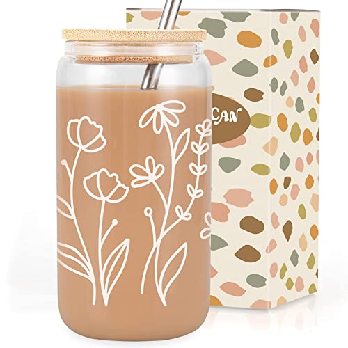Coolife Floral Iced Coffee Cup - 16oz Can Shaped Drinking Glass Cup w/Bamboo Lid Straw - Aesthetic Cups, Glass Coffee Tumbler, Flower Glass Cups for Beer Smoothie - Birthday Aesthetic Gifts for Women