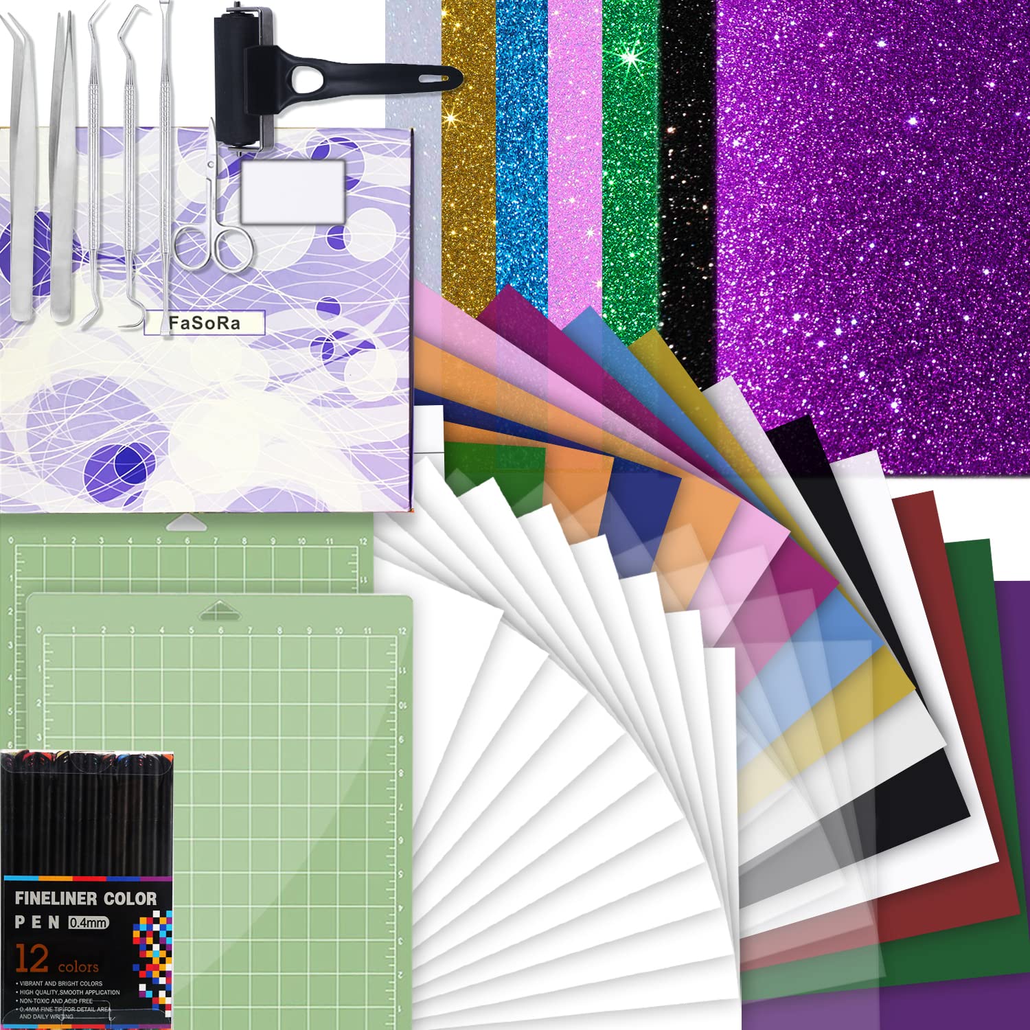 Accessories Bundle for Cricut Makers and All Explore Air, Compatible for Cricut Machine, 67Pcs Glitter Vinyl Sheets, Tools, Pens, Cutting Mats, Transfer Tape, Stickers, for Beginners, Crafters
