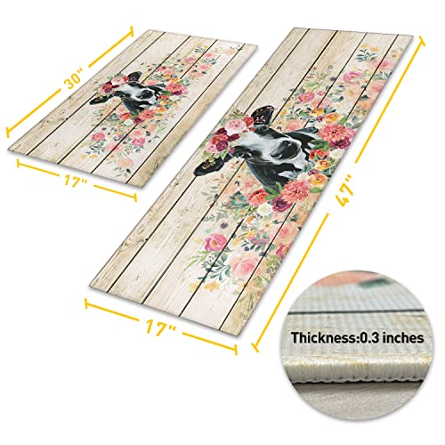 Cow Print Rugs for Kitchen Floor, Farmhouse Kitchen Mats Cushioned Anti Fatigue 2 Piece Set, Memory Foam Kitchen Mat Set of 2 and Kitchen Runner Rug Washable for Home Kitchen Decor 17"x30"+17"x47"