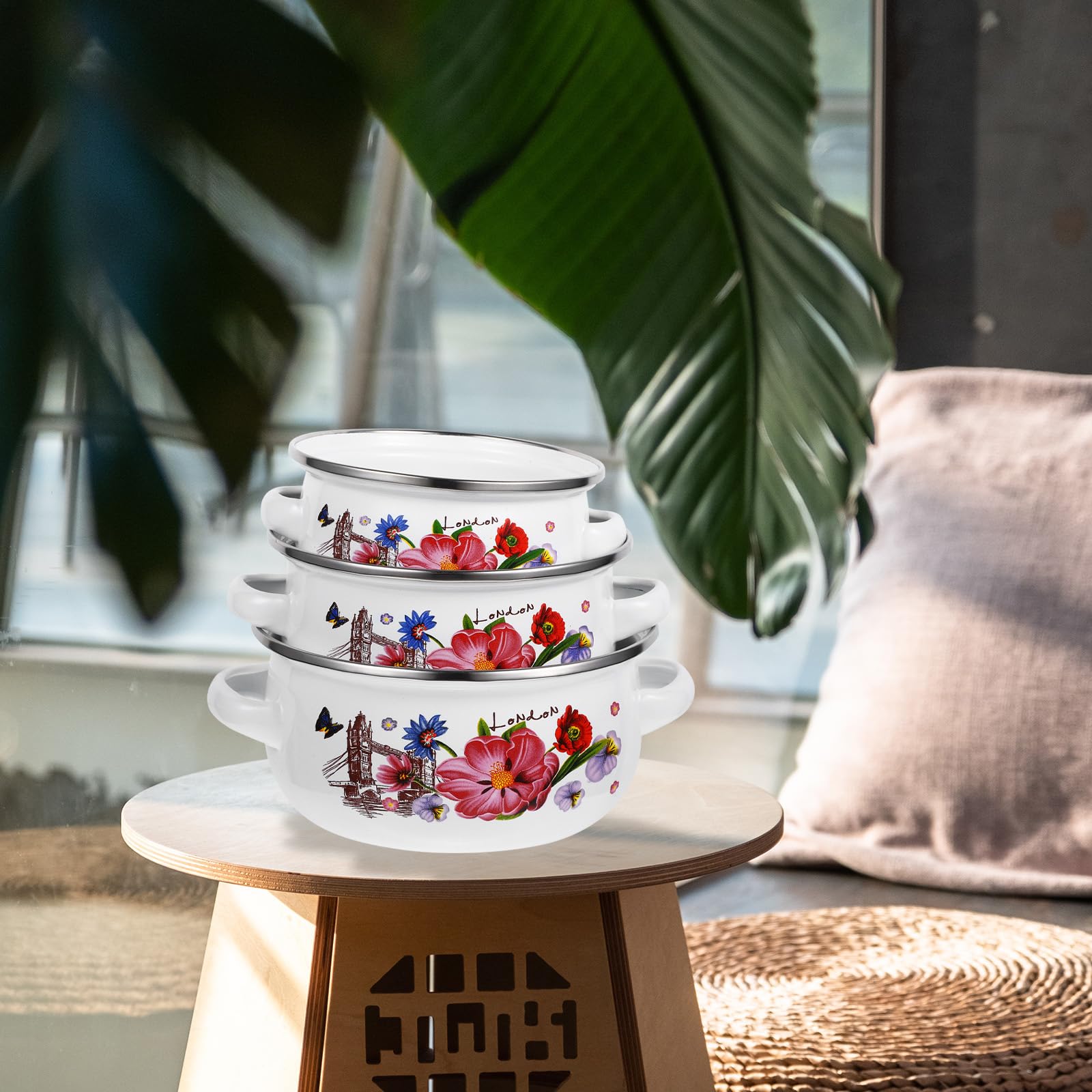 Amosfun Mini Soup Pot Retro Floral Enamelware Pot with Lid - 4.5 Inch 5.5 Inch 8 Inch Assortment Ramen Soup Pot with Handle Ears