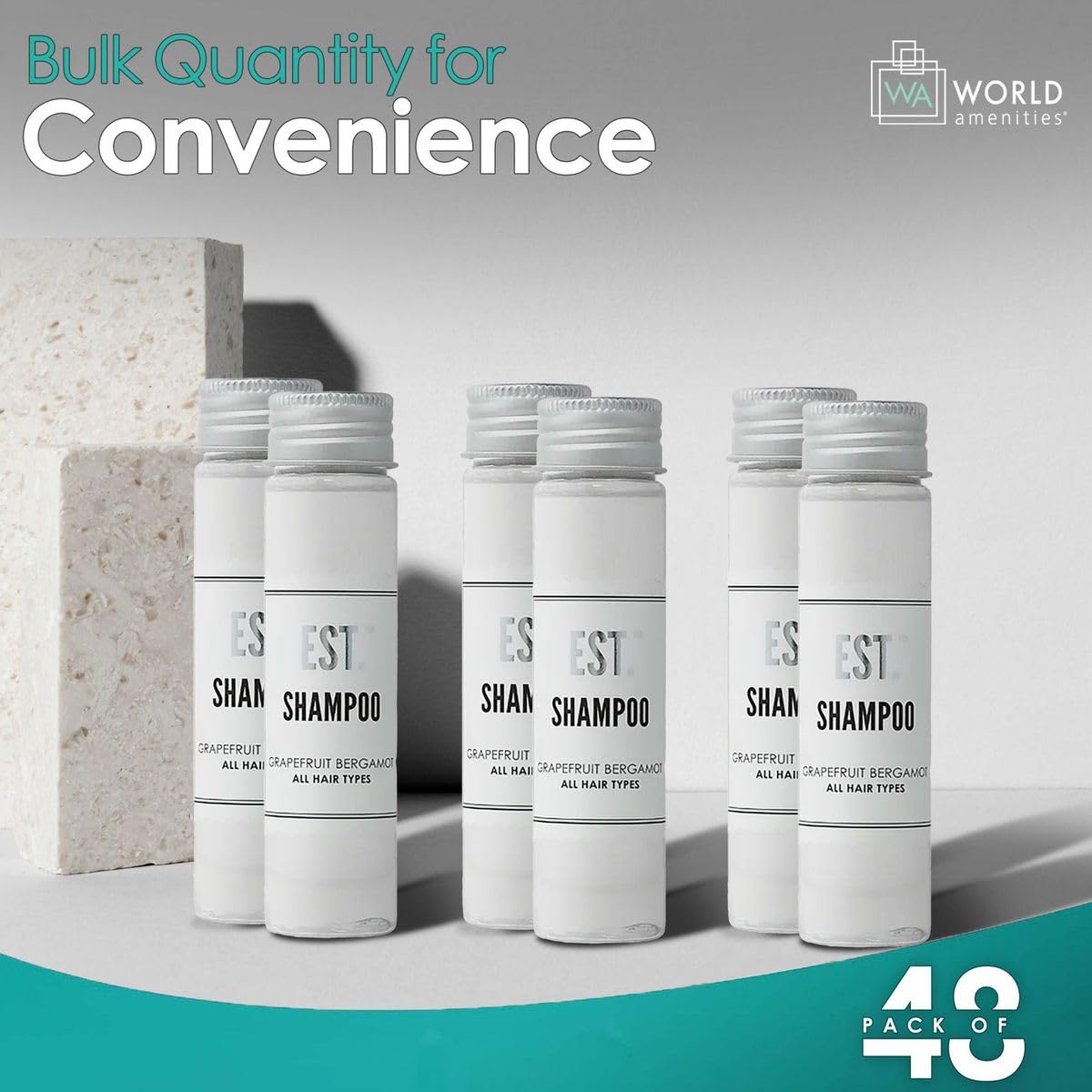 World Amenities EST. Shampoo with Grapefruit-Bergamot fragrance, Biodegradable/Recyclable Bottle with Screw Top, 1.41oz / 40ml, Pack of 48