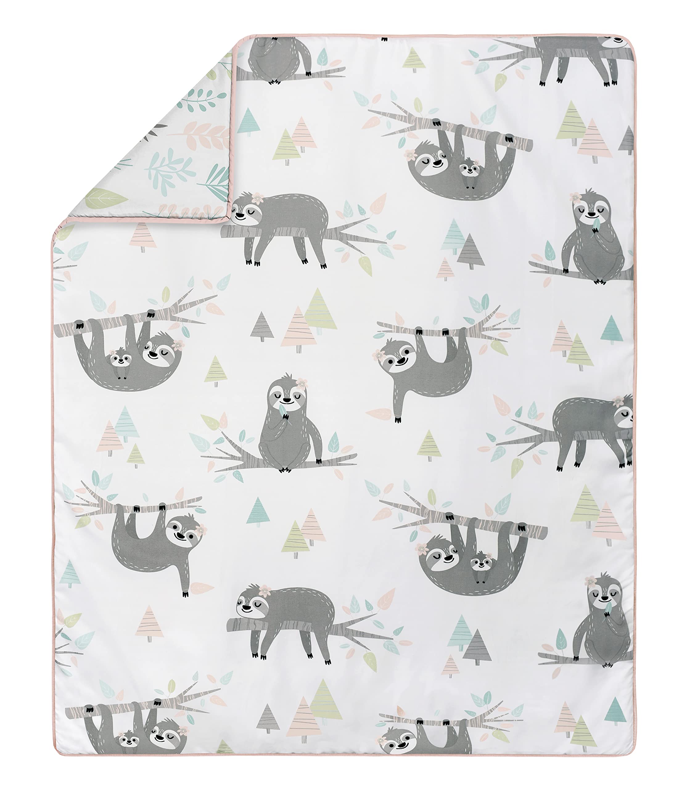 Sweet Jojo Designs Pink and Grey Jungle Sloth Leaf Baby Girl Nursery Crib Bedding Set - 4 pieces - Blush, Turquoise, Gray and Green Tropical Botanical Rainforest