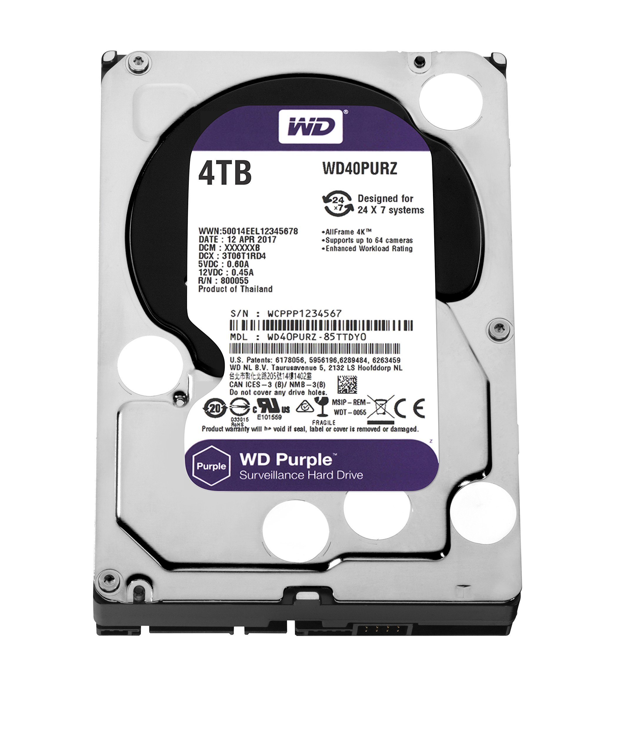 WD Purple 4TB Surveillance Hard Disk Drive - 5400 RPM Class SATA 6 Gb/s 64MB Cache 3.5 Inch - WD40PURZ (Renewed)