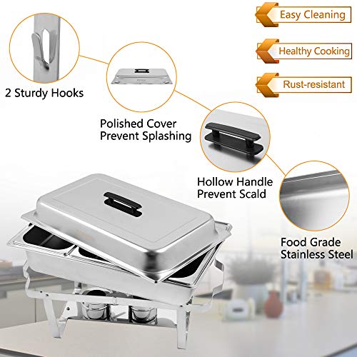 ROVSUN 8 Quart Chafing Dish Buffet Set, Stainless Steel Catering Serve Chafer, Restaurant Food Warmer, Rectangular Buffet Stove with 3 1/3 Size Food Pans and Foldable Frame for Party (1 Pack)