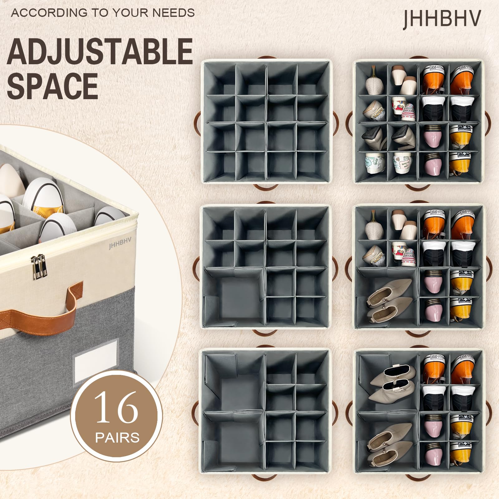 LZOTIC Shoe Organizer for Closet, Adjustable Shoe Box Storage Containers, Large Foldable Shoe Storage Bins with Clear Cover, Space Saving Shoes Holder with 4 Handles, Fits 8-16 Pairs, 1 Pack, Beige