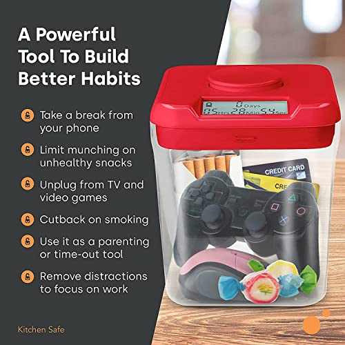 Cell Phone Lock Box with Timer - Phone Jail Timed Lock Box - KSafe Time Lock Box for Snacks, Food & Cell Phones - Phone Safe Box with Timer & Snack Lock Box (Medium, Blue Lid + 5.5” Clear Base with Access Port)