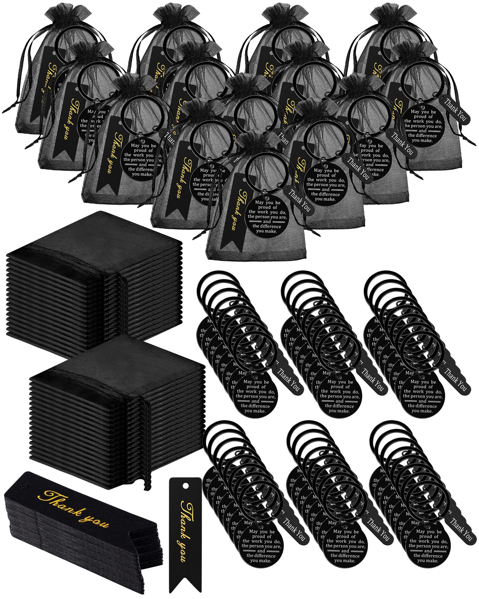 Yinkin 300 Pcs Christmas Employee Thank You Gifts Bulk Gifts for Coworkers Include 100 Inspirational Employee Appreciation Keychain Gifts 100 Organza Bags 100 Cards for Teacher Nurse Team(Black)