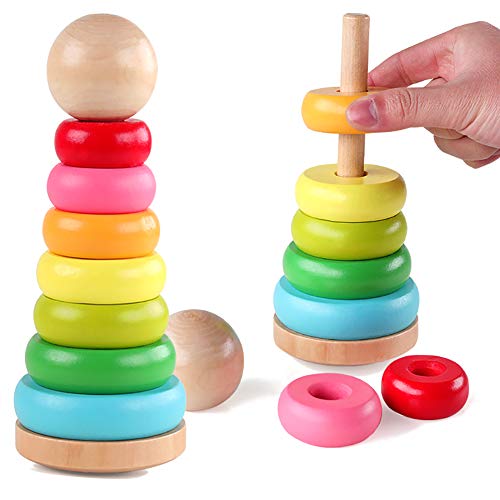 GEMEM Stacking Rings Toy Wooden Rainbow Stacker Toddler Learning Toys for 18 Months 2 Year Old Baby Boys Girls Non-Toxic