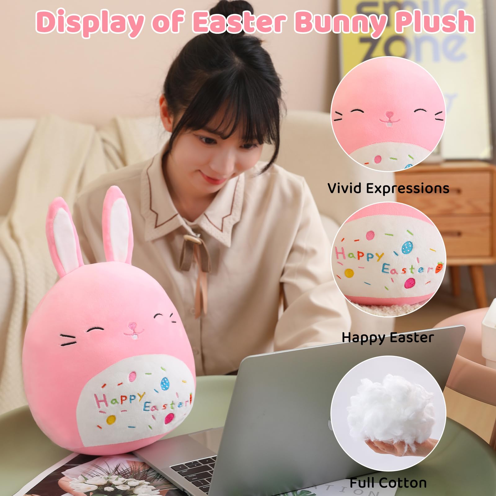 TOYSYM Pink Bunny Plush Cute Easter Bunny Stuffed Animal Toy Soft Rabbit Strawberry Plushies Easter Plushie Pillow Doll Gifts for Kids Decor 13.7 inch