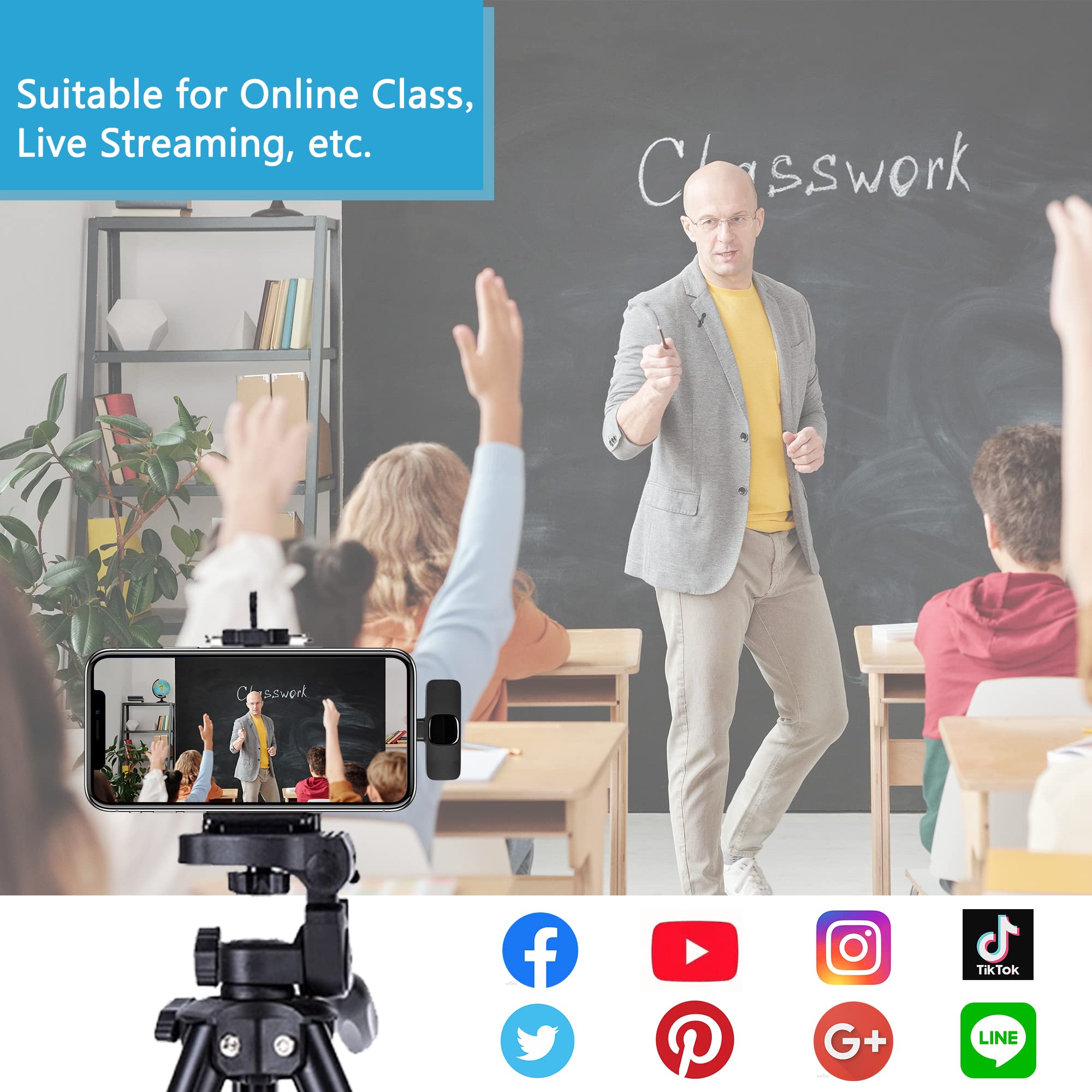 2Pcs Wireless Lavalier Microphone for iPhone iPad, Plug-Play Wireless Mic with Noise Reduction Auto-sync Lapel Microphone for Recording, Live Streaming, TikTok, YouTube, Facebook