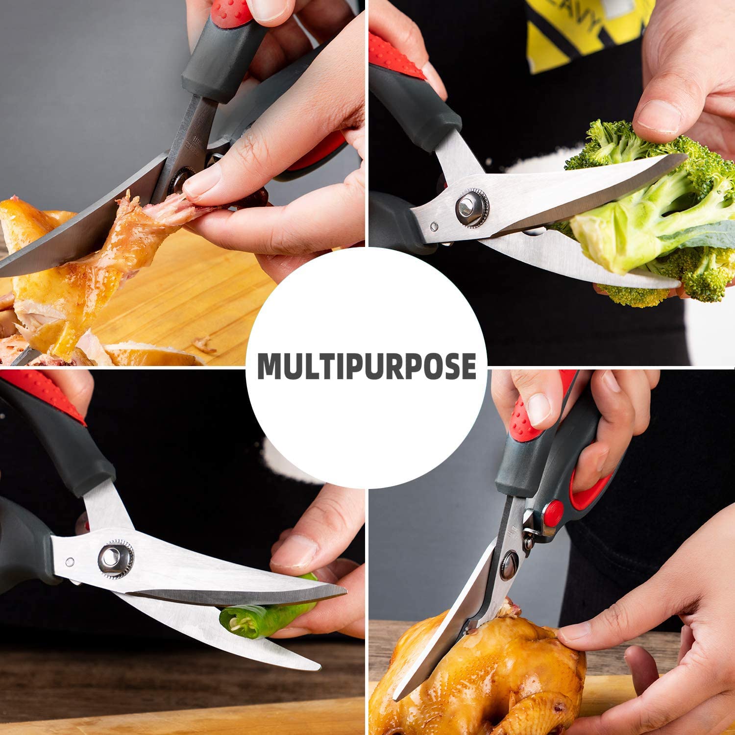 ACELONE Spring Loaded Poultry Shears - Heavy Duty Kitchen Chicken Shears With Anti-Slip Handle & Safety Lock - Poultry Scissors For Meat, Game, Chicken, Bone, Poultry & More.