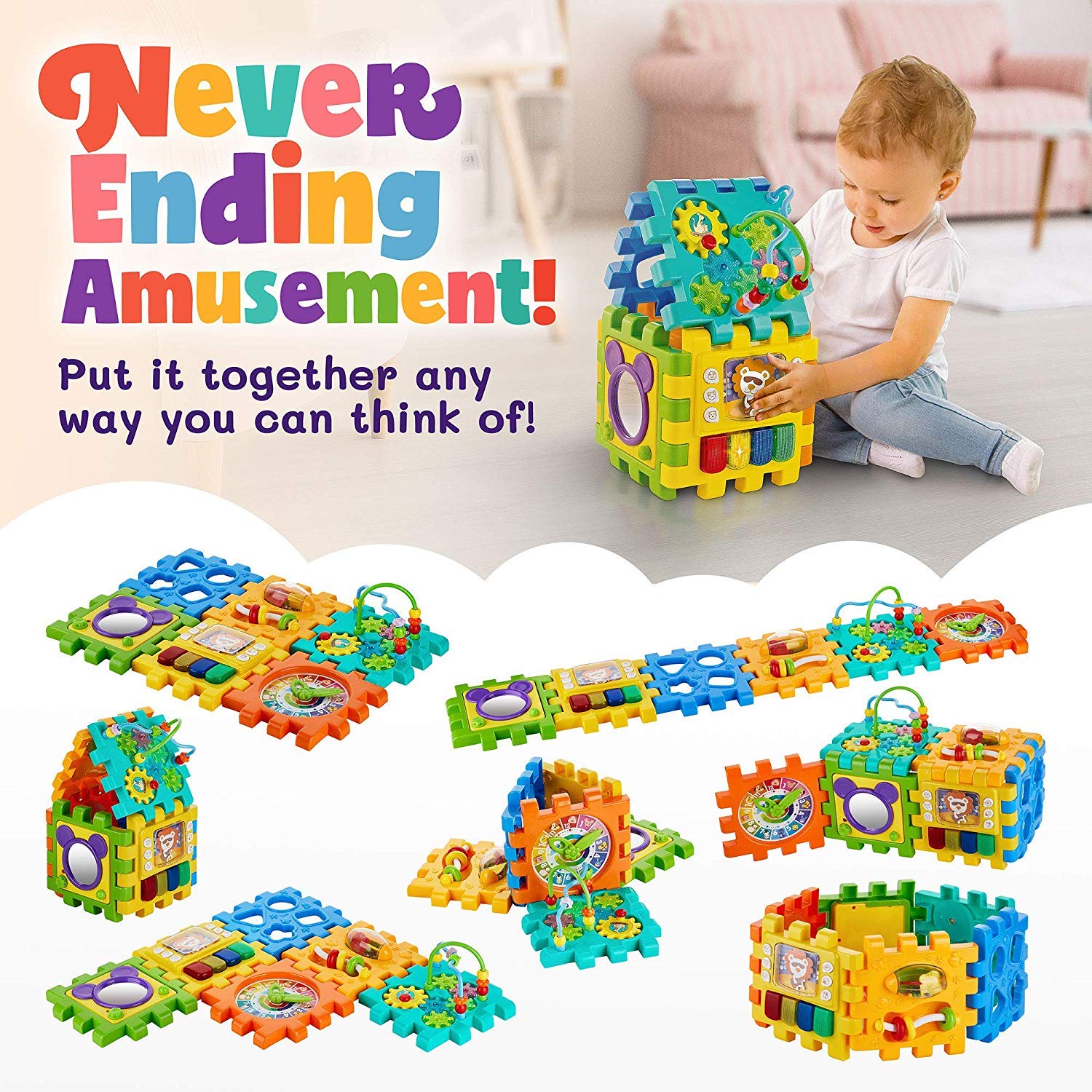 BABYSEATER Baby Activity Cube β 6-in-1 Multi-Assembly Activity Square for Babies 10m+ β BPA-Free Play Cube for Infants & Toddlers Teaches Cognitive & Motor Skills with Music, Shapes, Gears & More