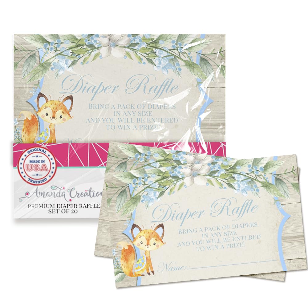 Watercolor Floral Woodland Fox-Themed Diaper Raffle Tickets for Boy Baby Showers, 20 2" X 3” Double Sided Insert Cards for Games by AmandaCreation, Bring a Pack of Diapers to Win Favors & Prizes!