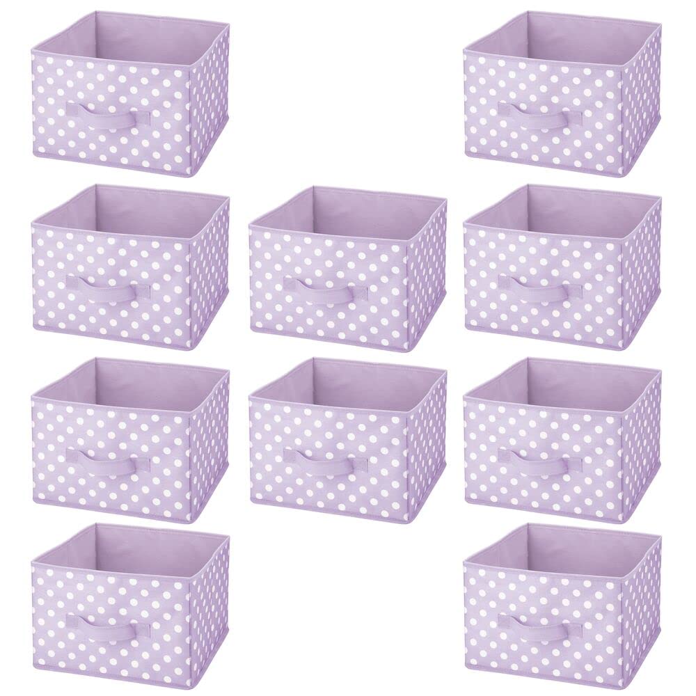 mDesign Fabric Bin for Cube Organizer - Foldable Storage Cube - Collapsible Closet Storage - Cloth Bin Box for Child/Kids Bedroom, Nursery, Toy Room - Polka Dot Print - 10 Pack - Light Purple/White
