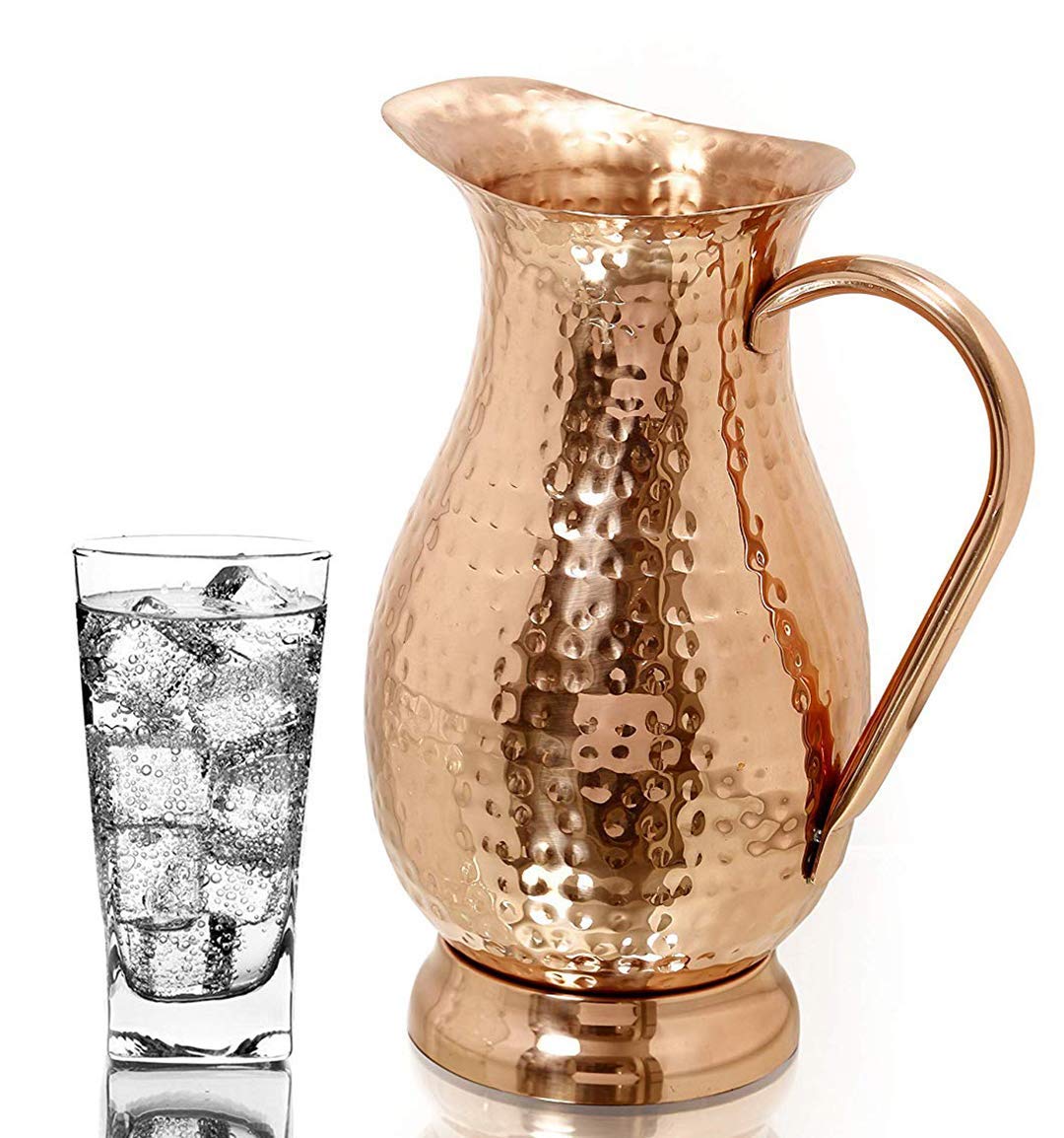 Copper Pitcher with a Lid | Large Size Solid Copper Handcrafted Copper Hammered Jug | Capacity 70 Oz/2000ml | Pure Copper Water Carafe For Home, Hotels & Gifting