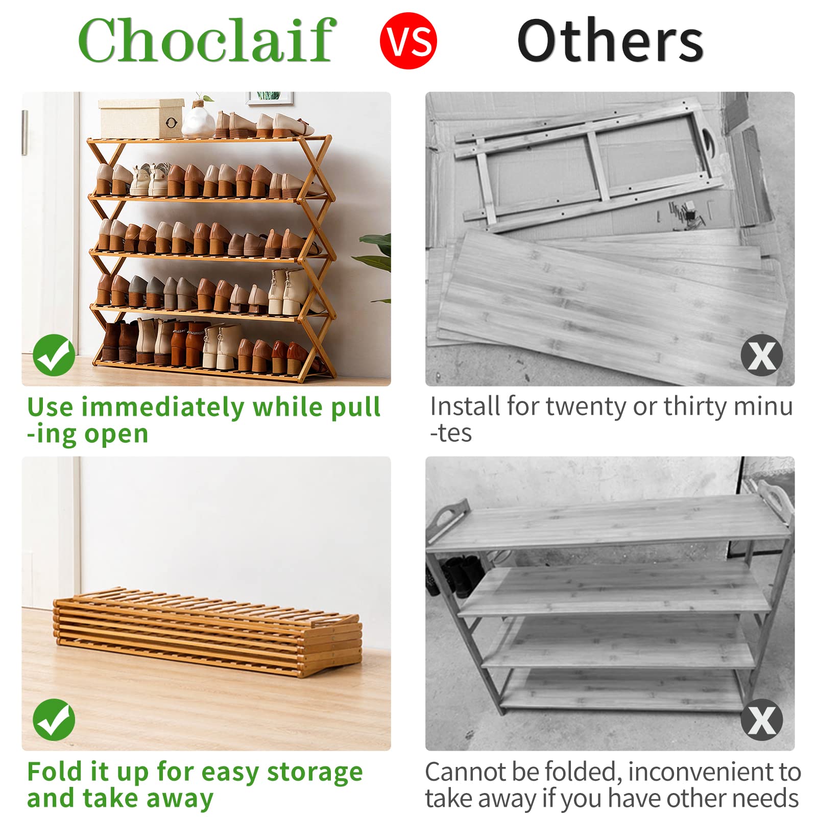 Choclaif Free Standing Shoe Racks for Closet, Shoe Shelf Bamboo Shoe Rack for Bedroom, Entryway Hallway Closet Living Room Organizer(4 Tier)