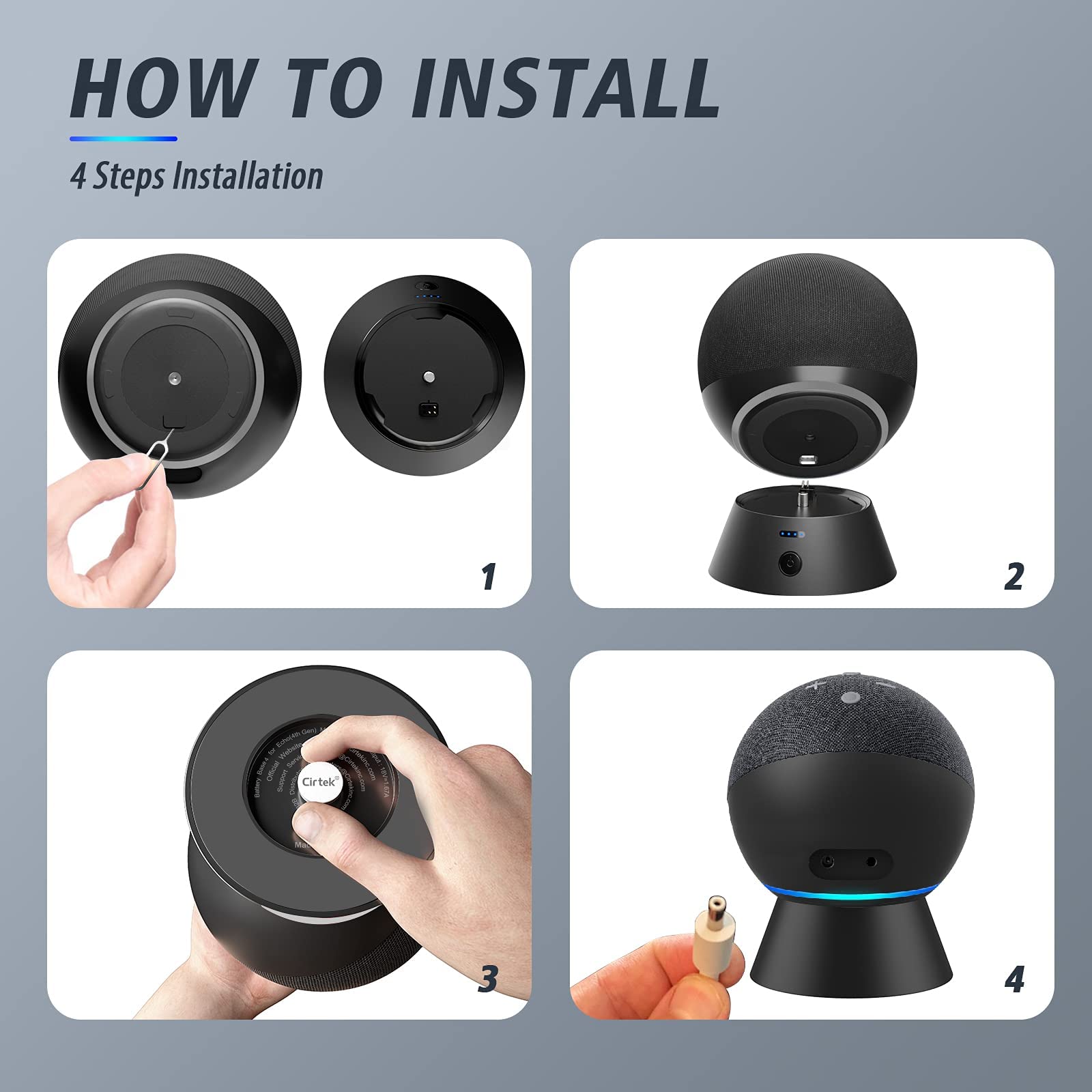 Battery Base for Echo 4th Generation(NOT Echo dot, Cirtek Portable Alexa Echo Battery Base,Large Capacity Battery Long Playtime,Indicator Light Can Be Turn Off (Not Include Echo 4th)