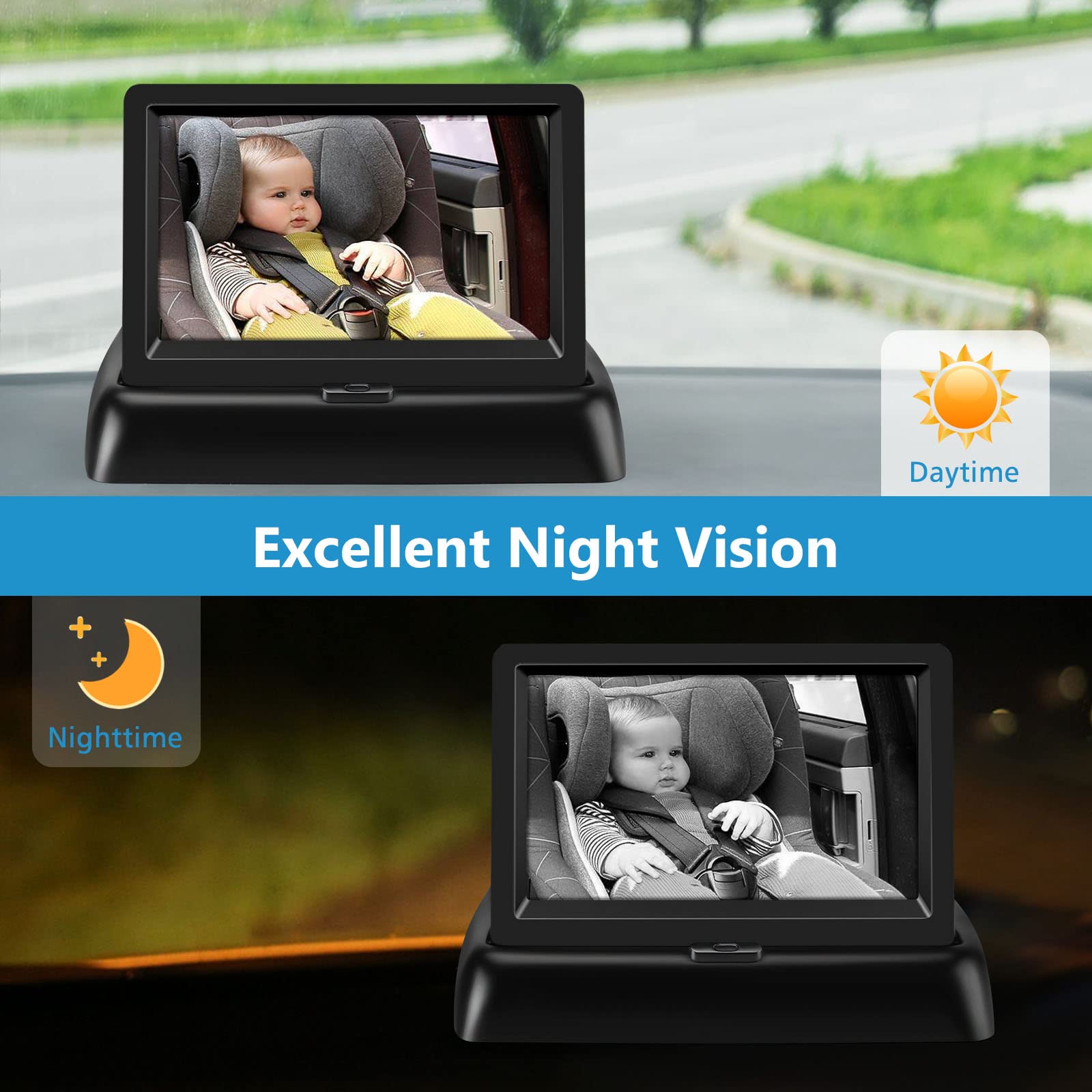 Accmor Baby Car Mirror, Baby Car Mirror for Back Seat Rear Facing,Night Vision Function Car Mirror Display, Safety Car Seat Mirror Camera Monitored Mirror