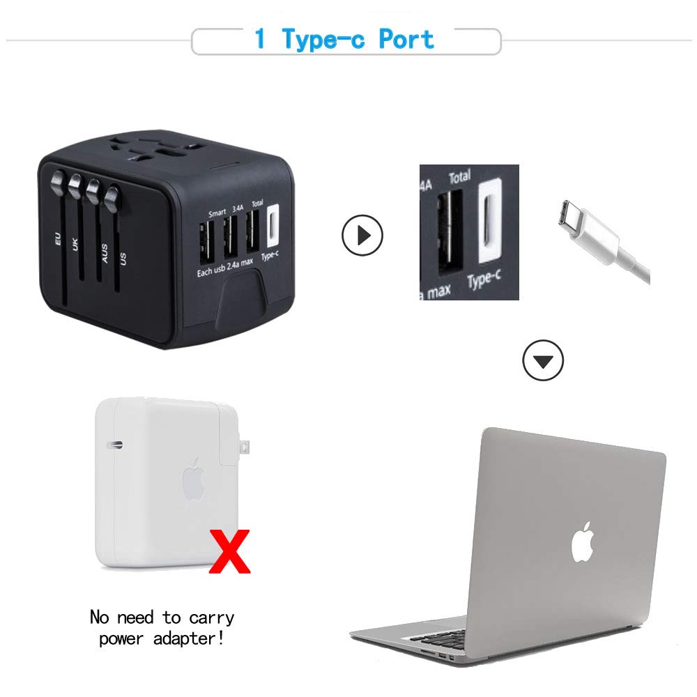 Universal Travel Adapter,All in One Universal Power Adapter for 150 Countries 3usb+Type C (Black)