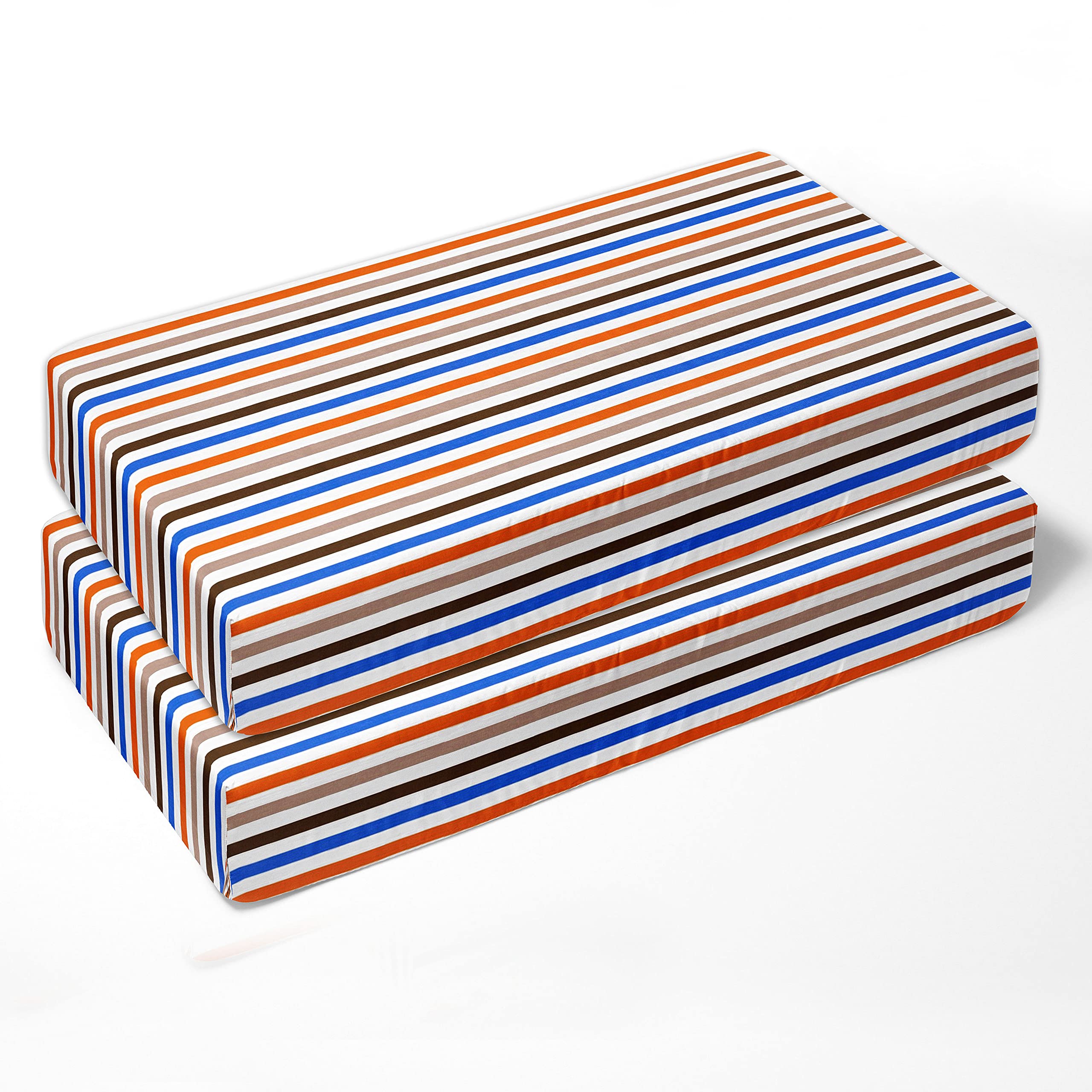 Bacati - 2 Pack MOD Sports Boys 100% Cotton Percale Universal Baby US Standard Crib or Toddler Bed Fitted Sheets (Stripes, Blue Orange Chocolate Brown)