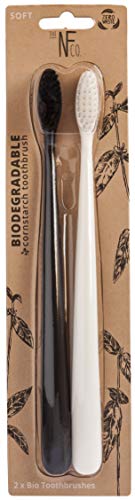 The Natural Family Co. Bio Toothbrush, Soft Nylon Bristles with Non GMO Cornstarch Handles, Plastic Free Packaging and Ivory Desert and Pirate Black Twin Pack