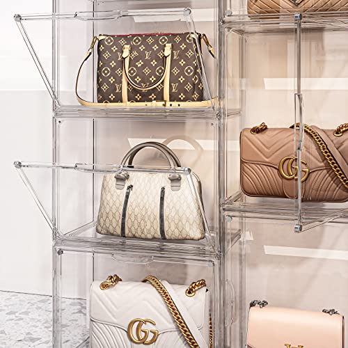 Clear Handbag Storage Organizer for Closet, 3 Packs Acrylic Display Case for Purse/Handbag, Plastic Storage Containers with Magnetic Door, Acrylic Box Organizers for Collectibles, Toys, Figures