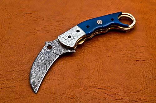 8.5" Handmade Damascus Folding Pocket Knife Karambit Knife Hunting Knife Handle Camel Bone Handmade Damascus Steel with Leather Sheath B50