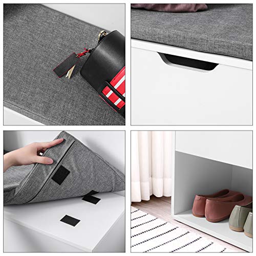 VASAGLE Shoe Bench, Storage Bench with 2 Open and 1 Closed Compartments, Shoe Shelf, Padded Seat, for Entryway, Living Room, Bedroom, White and Gray LHS021W01