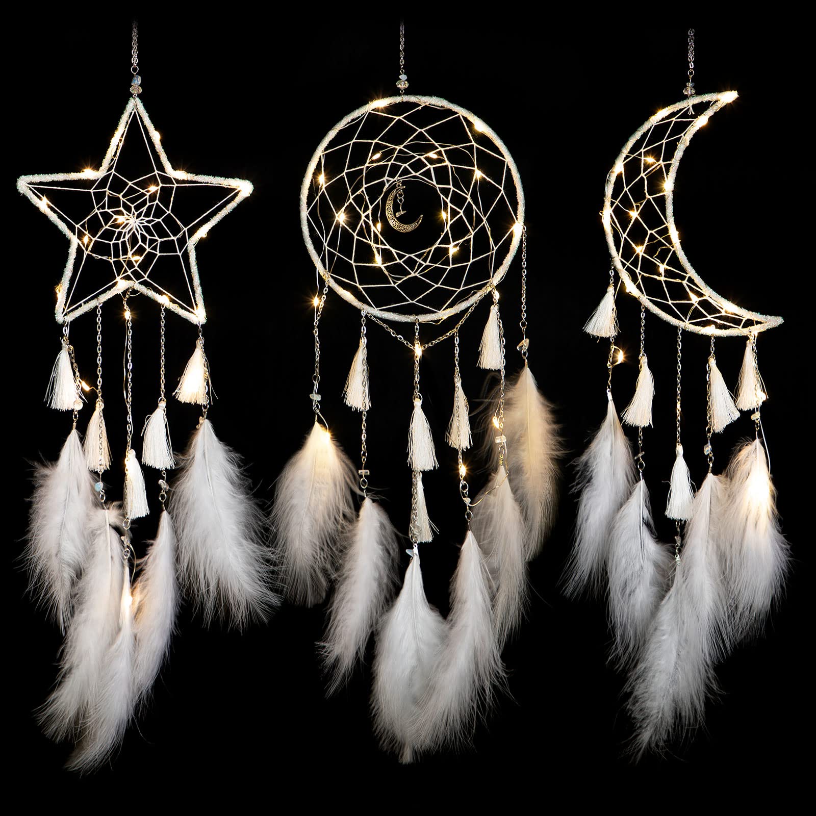 3 Pieces LED Dream Catcher Handmade Chain Dream Catcher Moon Sun Star Bohemian Design Home Decor for Wall Hanging Home Decoration