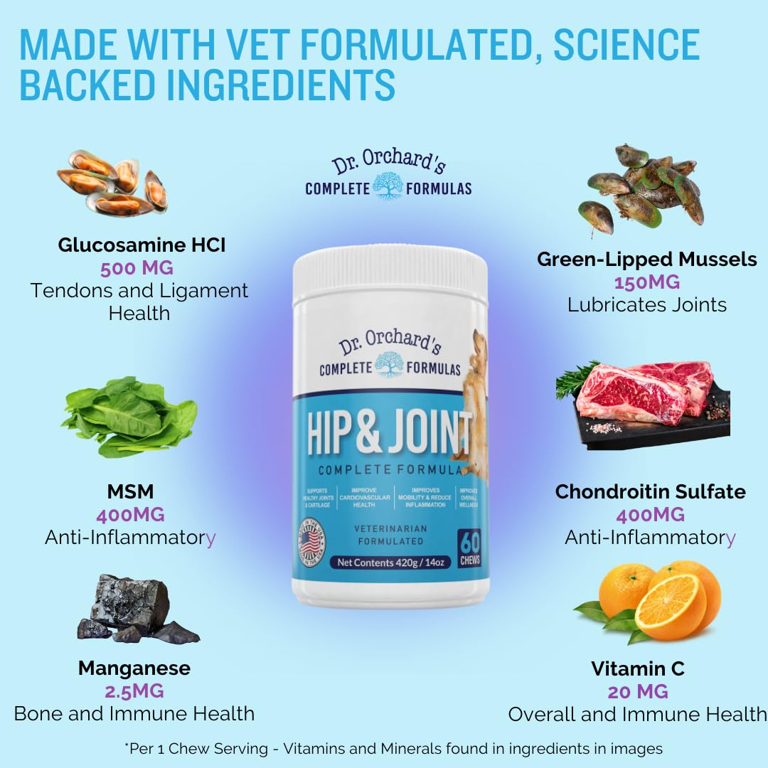 Dr. Orchard's Advanced Hip & Joint Chews - Duck Flavor- (60ct) Pain & Inflamation Relief with Glucosamine, Manganese, Chondroitin, MSM - Dog Chewable Supplement (60 Count)