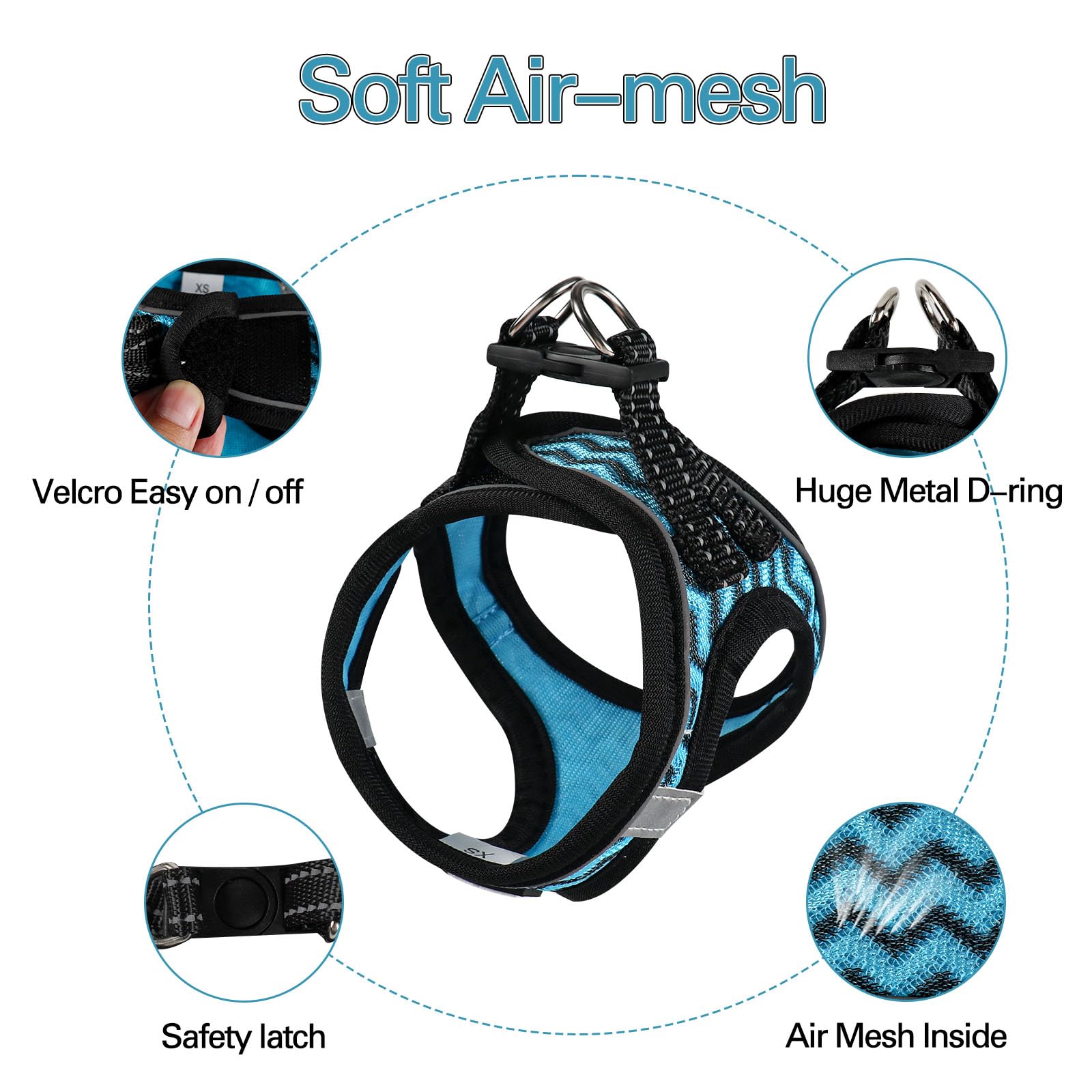 YIMEIS Dog Harness (XS, Blue) for Small Dogs, Lightweight Harness & Leash Set, Adjustable, Reflective, Breathable, 360°Visibility, Playful Style