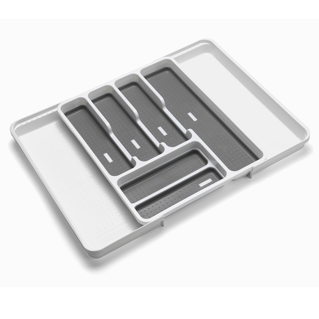Addis Expandable Drawer Organiser Cutlery Utensil Tray with 6-8 Compartment Holders, White/Grey, 34-58.5 x 41.5 x 5 cm