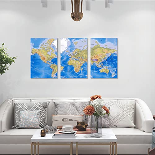Blue World Map Wall Art Canvas Decor Poster for Office, Living Room, Home Bedroom Decoration 16"x24"x3 Pcs Framed