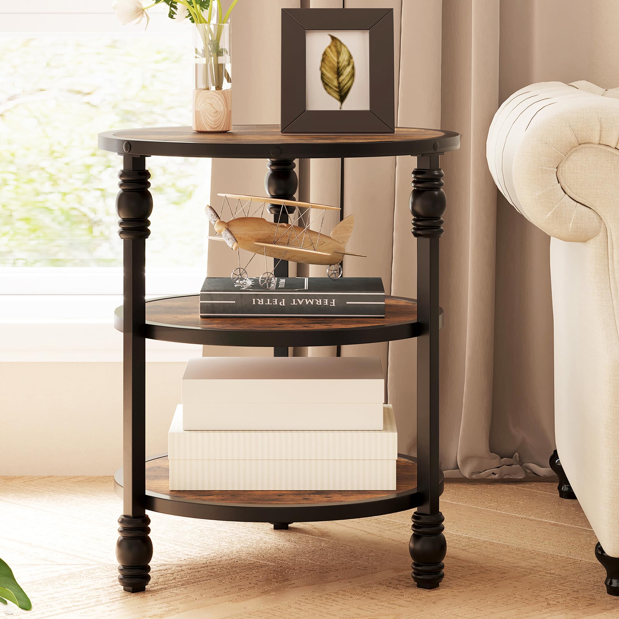 Amyove Round Side Table, 3-Tier End Table Living Room Accent Table with Storage Shelf and Metal Industrial Wood Bed Side Table/Night Stand for Bedroom, Small Spaces, Rustic Brown