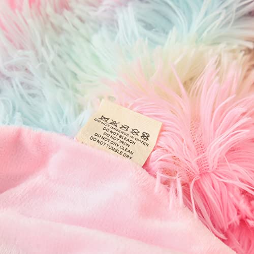 YOU SA Colorful Rainbow Design Shaggy Faux Fur Blanket Ultra Plush Long Hair Decorative Throw Blanket 51''x63'', Rainbow-1