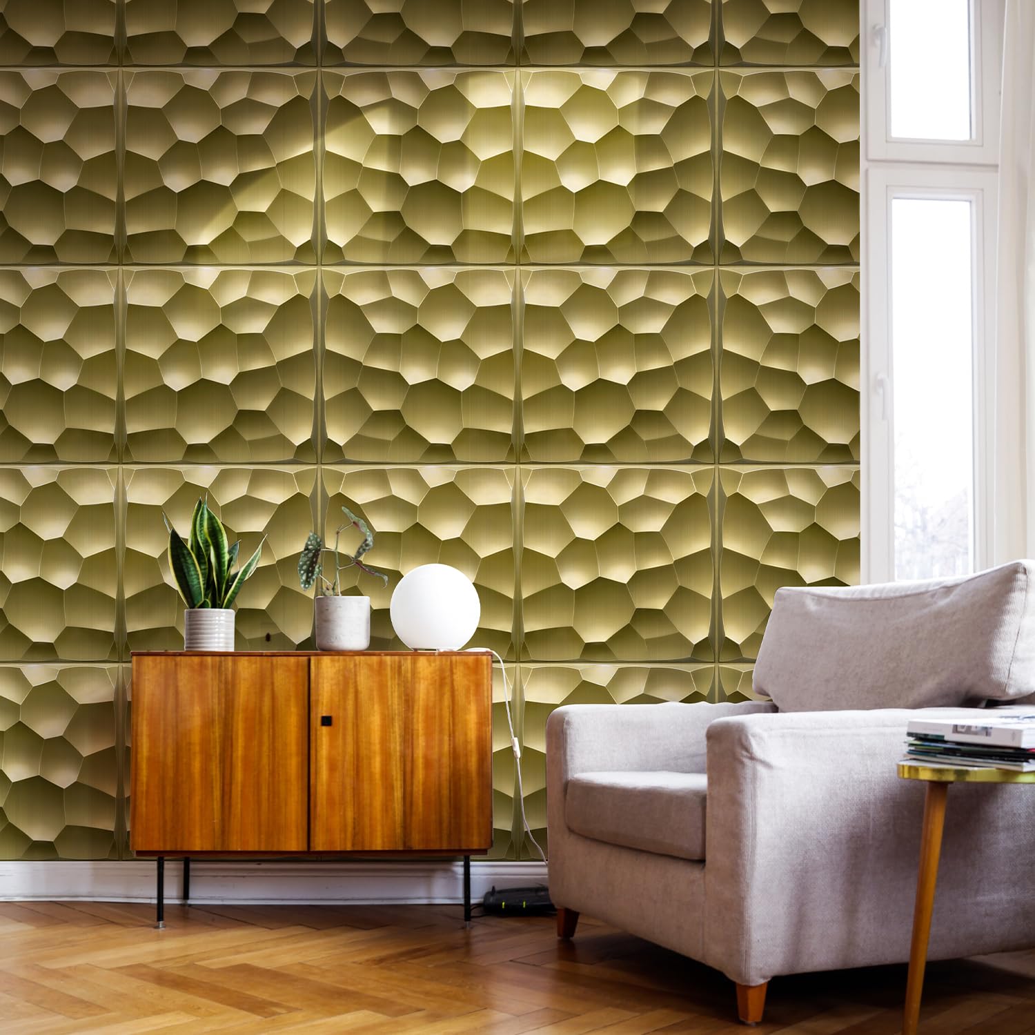 STICKGOO Watercube Wall Panels for Interior Wall Decor, Brushed Gold 3D Wall Decor Panels Peel and Stick, Accent Wall Covering Panels for Lobby, Office
