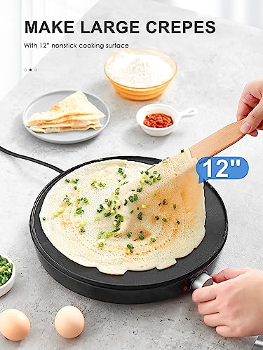 Crepe Maker Machine, Reemix Compact Pancake Griddle Precise Temperature Control, Nonstick 12β Electric Griddle, Batter Spreader for Eggs, Pancakes, Omelets and Quesadillas, Includes Spatula, Spreader