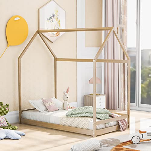 AOCOROE Twin Size House Bed Frame Floor Montessori House Bed Canopy Bed for Boys and Girls. House Shaped Wood Twin Bed Frame Without Slats, Natural