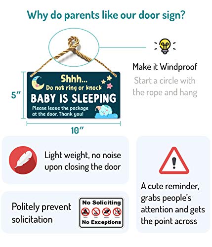 Funplus Baby Sleeping Sign for Front Door - Do Not Knock or Ring - 10″x5″ PVC Plastic Hanging Sign,Please do not knock or ring the bell, it upsets the dog, which upsets the baby, which upsets mom