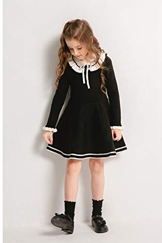 SMILING PINKER Toddler Girls Dresses Sweater Long Sleeve Winter Knitted Skater Dress Ruffle Collar (Black, 6-7 Years)