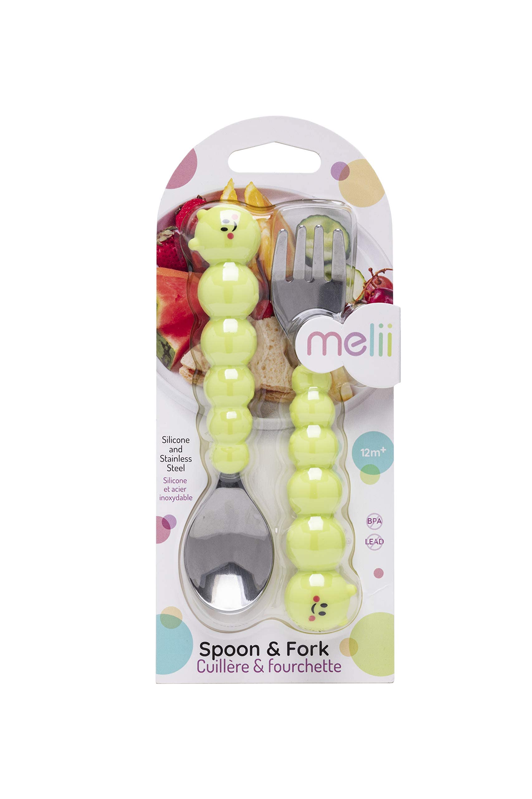 melii Caterpillar Spoon and Fork Utensil Set for Toddlers - BPA-Free Silicone and Stainless Steel Kids Utensils - Ergonomic, Easy-Grip Design for Fun & Safe Eating for Children