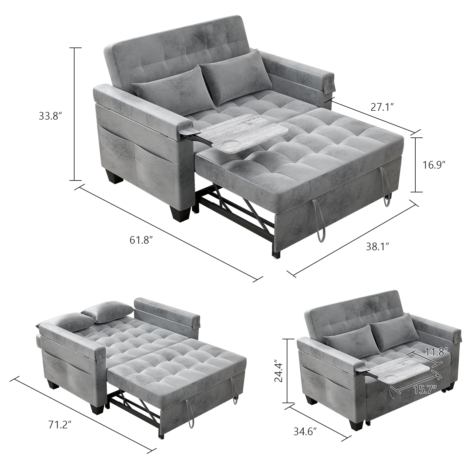 Buenhomino 3 in 1 Convertible Sofa Bed, Modern Futon Pull Out Sleeper Couch, 48'' Velvet Loveseat Chaise Lounge with Adjustable Backrest Pillows, Hidden Side Table for Living Room, Small Space Grey