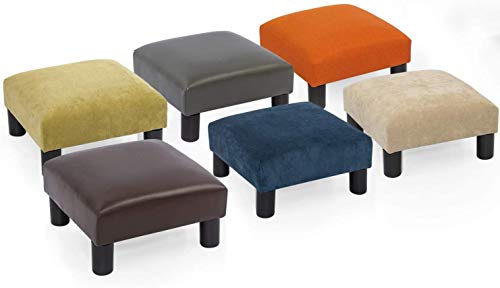 Adeco 15’’ Small Ottoman Footstools- Waterproof Brown Distressed Faux Leather Upholstered Foot Rest with Plastic Legs- Lightweight and Portable