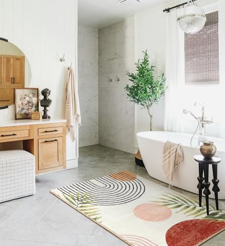 RoomTalks Boho Cute Bathroom Rugs Bath Mat Non Slip Washable, Modern Abstract Geometric Shape with Tropical Leaves 2x3 Small Area Rug for Bedroom Kitchen, Neutral Contemporary Retro Indoor Entry Rug