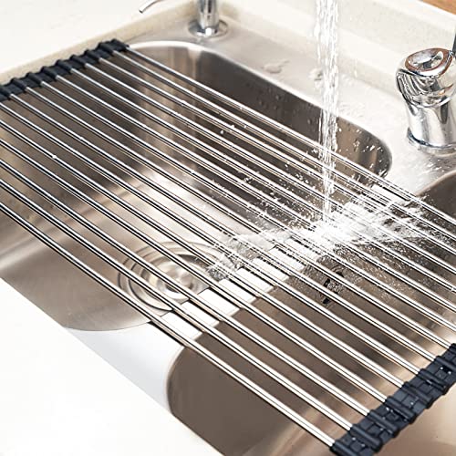 Atposh Roll up Dish Drying Rack 21β*11.5β Over The Sink Dish Drainer for Kitchen Counter Portable Versatile Foldable Dish Drying Rack Mat Silicone Wrapped SUS304 Stainless Steel Dish Drying Rack